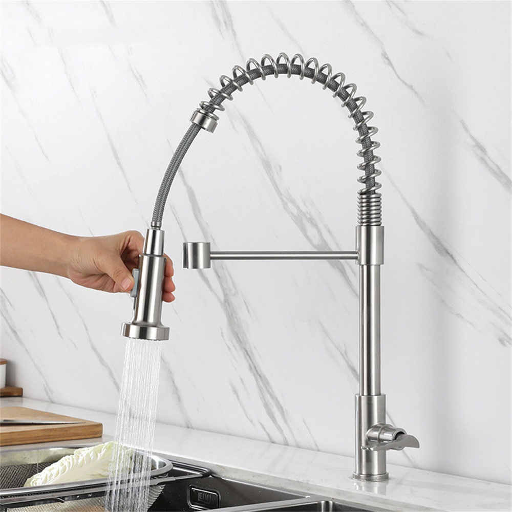 Kitchen sink tap pull out spring faucet 304 stainless steel single cold ...