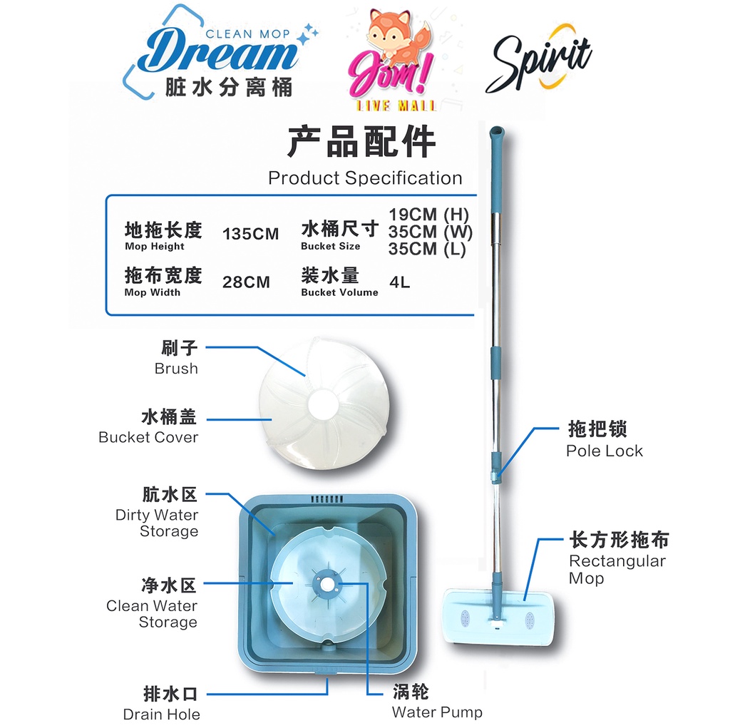NEW SPIRIT Dream Clean Mop Dirty & Clean Water Separation Spin Mop 180 ...
