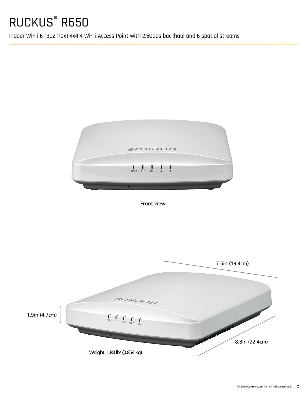 Ruckus R650 Indoor Wi-Fi 6 (802.11ax) 4x4:4 Wi-Fi Access Point with 2 ...