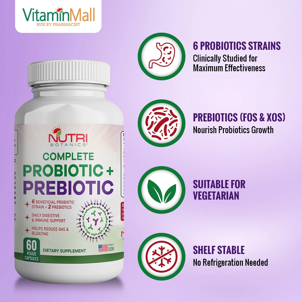Nutri Botanics Prebiotic Probiotic Supplement - 6 Strain Probiotics - Digestive Gut Health - 60 ...