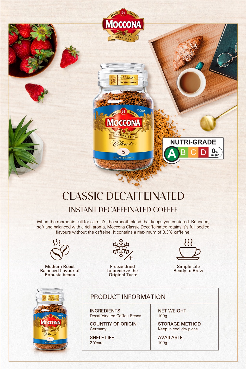 MOCCONA Classic Decaffeinated Intensity 5 Freeze Dried Instant Coffee ...