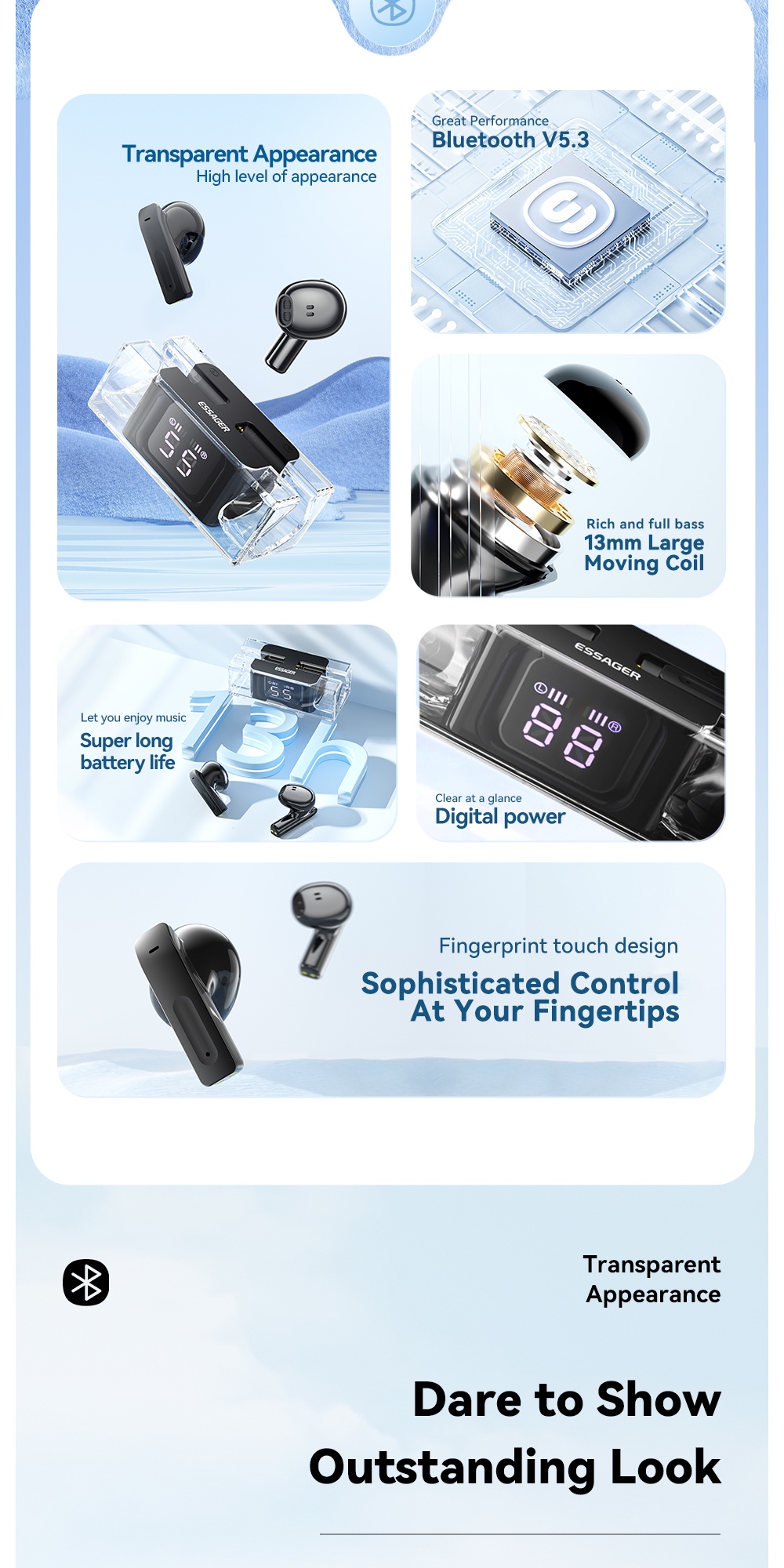 Essager E90 TWS5.3 chip bluetooth headset with mic AAC/SBC HiFi ...