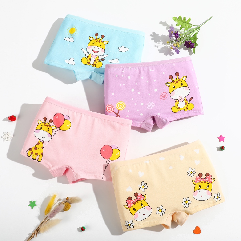 4-Pack Soft Cotton Baby Girl Underwear | Cute Cartoon Giraffe Boxer ...