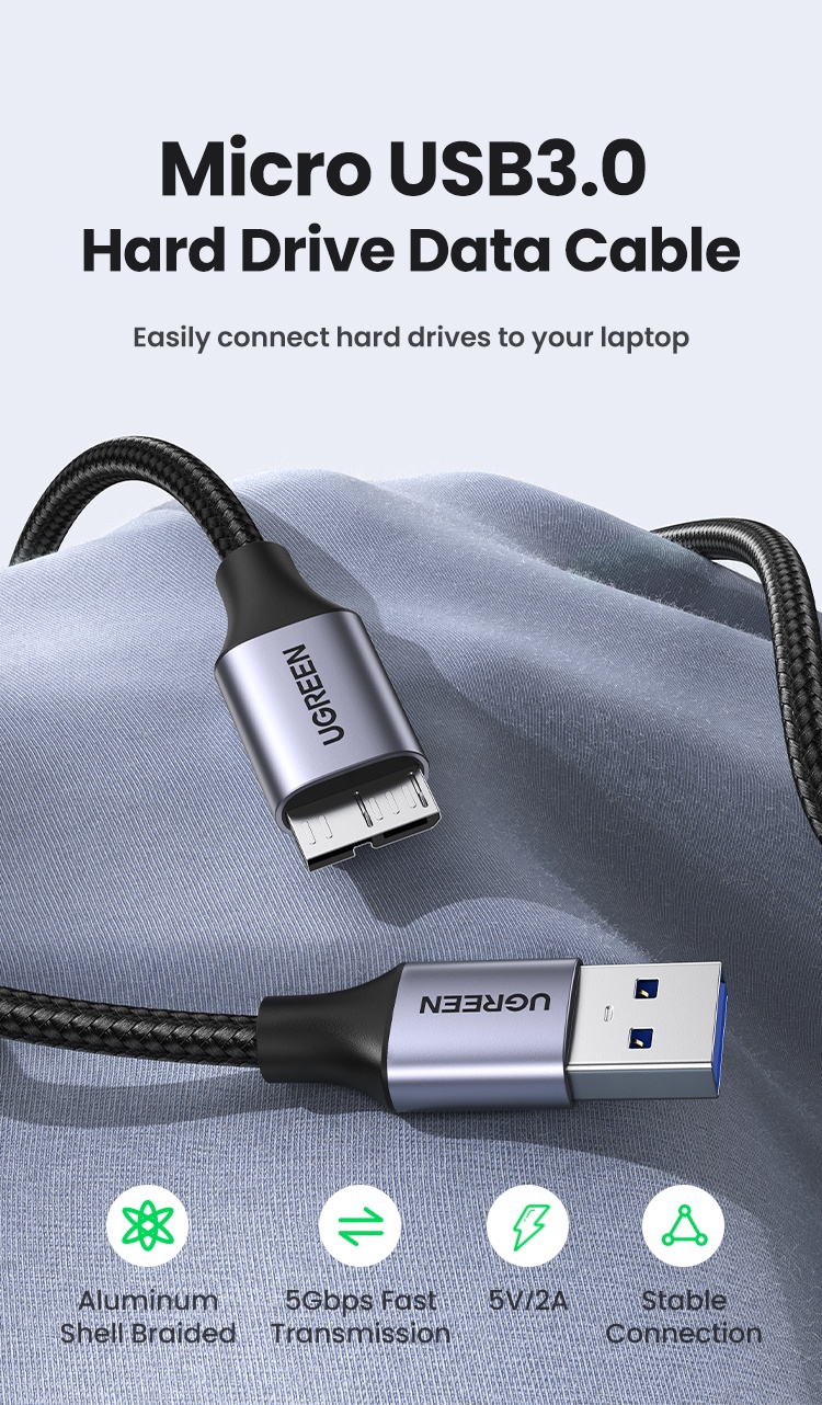 UGREEN Micro USB 3.0 Cable, USB 3.0 A to Micro B Cord Nylon Braided External Hard Drive Cable ...