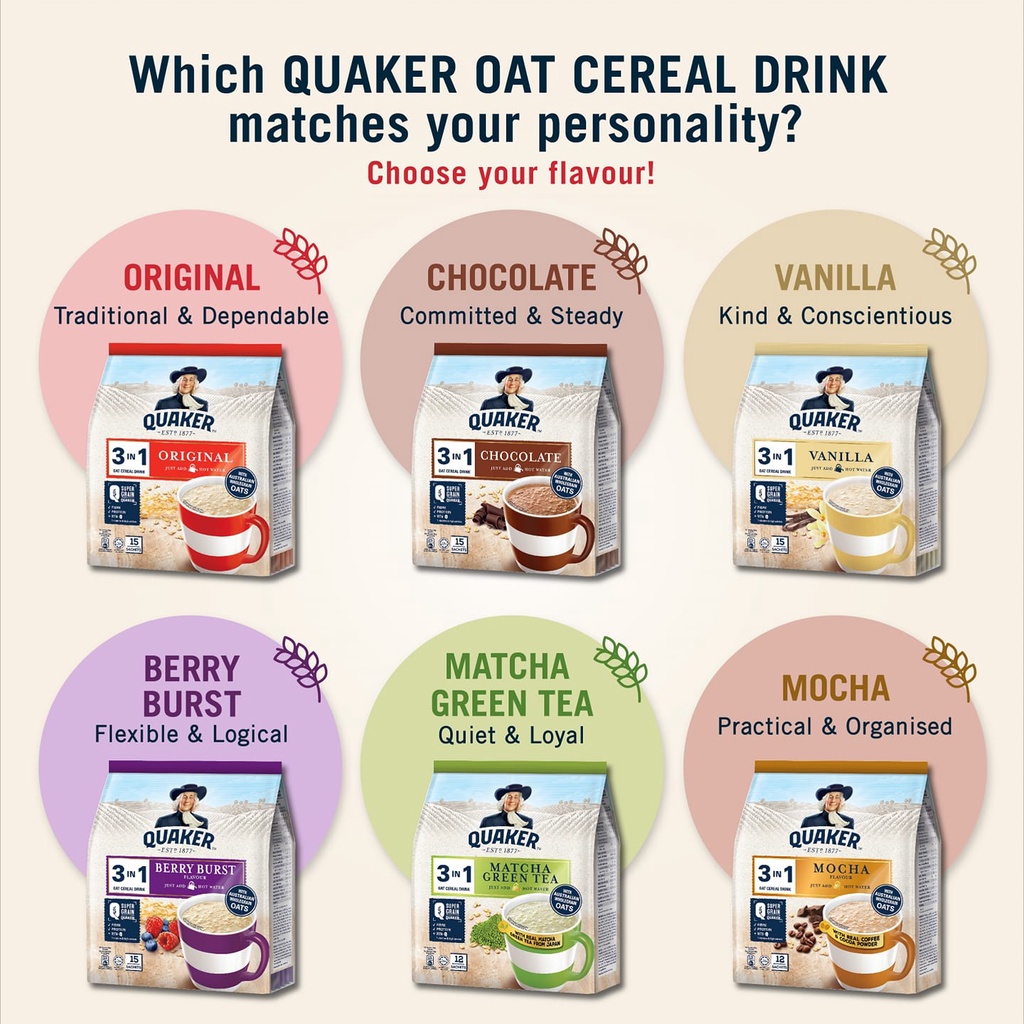 Quaker Instant Oat Cereal Drink 3in1 Original/Chocolate/Mocha/ Vanilla ...