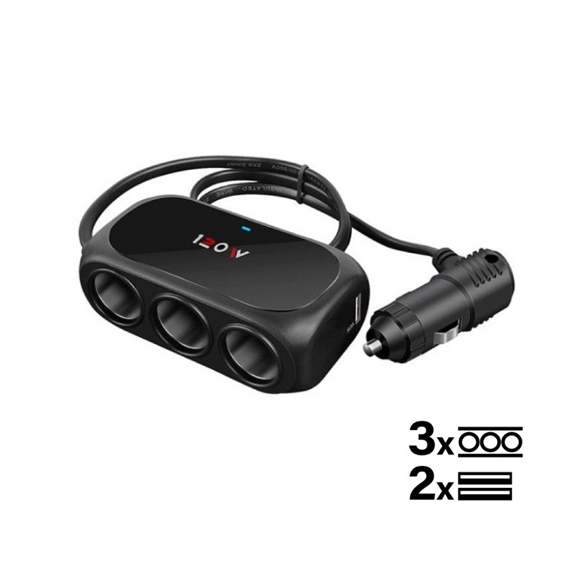 Universal Car 120W DC 12V-24V 5IN1 (2 USB port + 3 Cigarette Socket ...