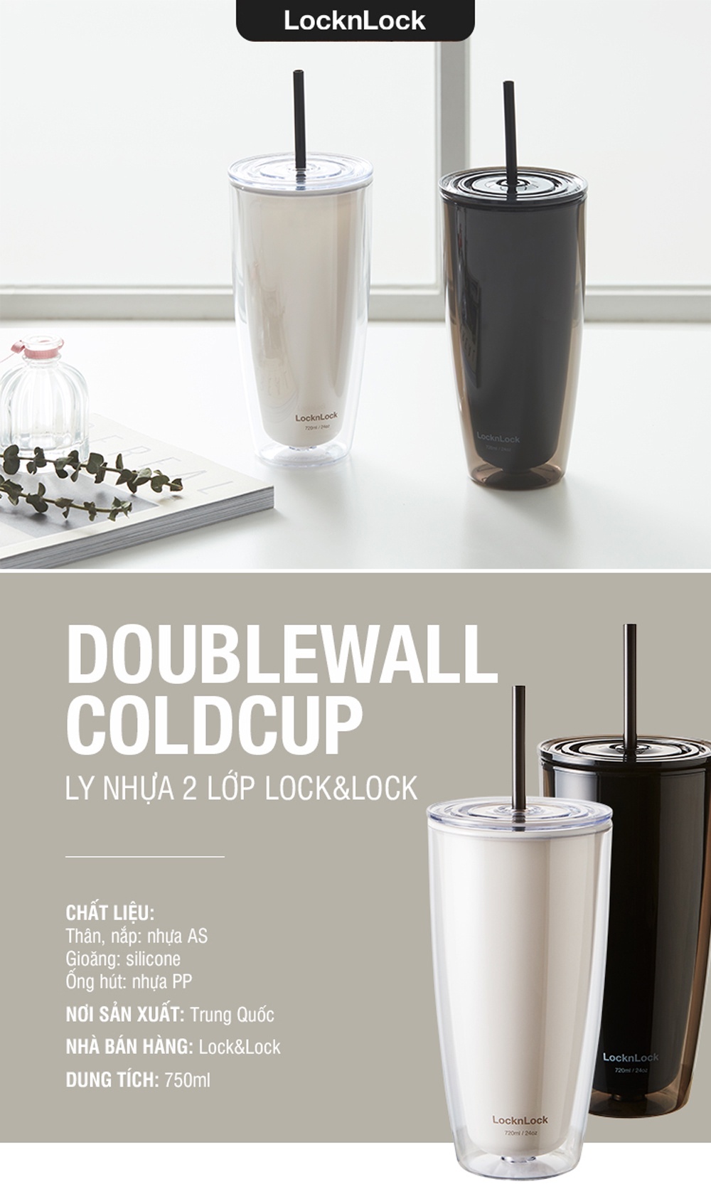Locknlock Double Wall Cold Cup 750ml HAP507 Blue, With straw and ...