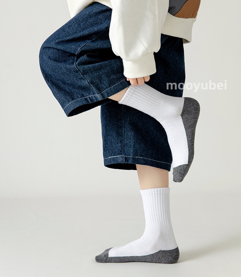 5 Pairs Student Basic School Socks /Children's Solid Color Sports Mid ...