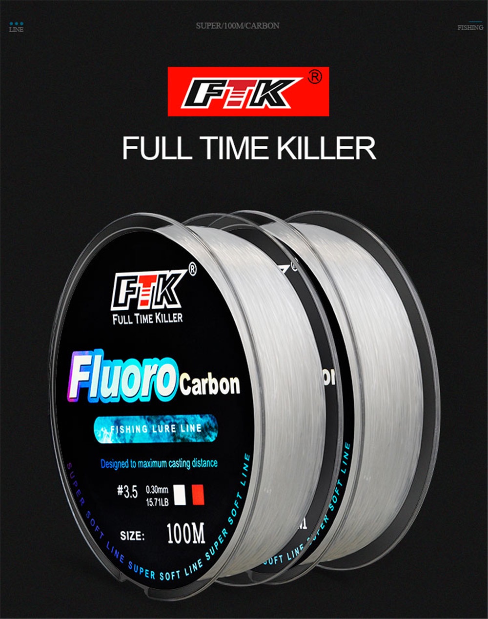 100M Fluorocarbon Coating 4.136LB-34.32LB Carbon Fiber Monofilament ...