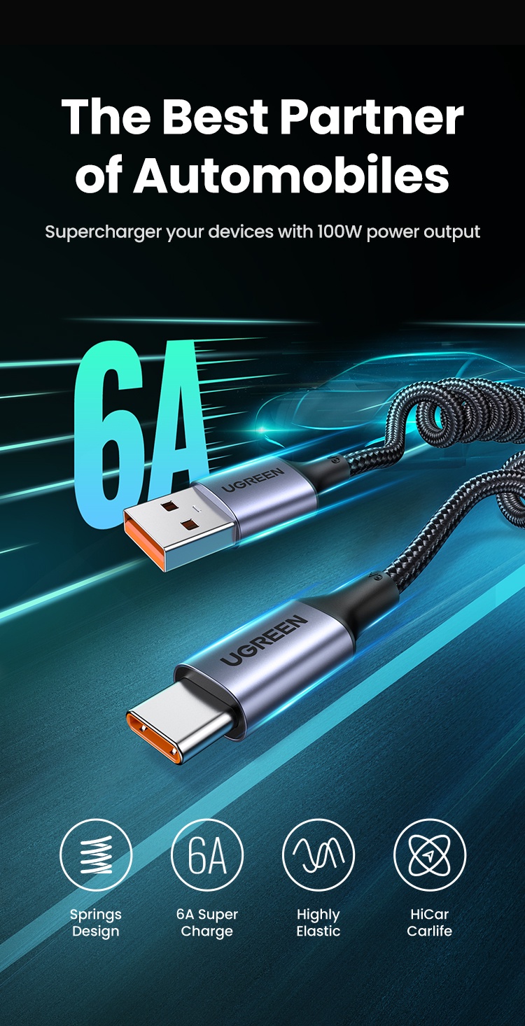 UGREEN 100W 6A Spring USB Type C Cable for Car Styling Storage Flexible ...