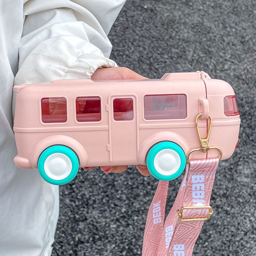 500ML Creative Bus Shaped Water Bottle with Straw/Roller/Strap Cute ...