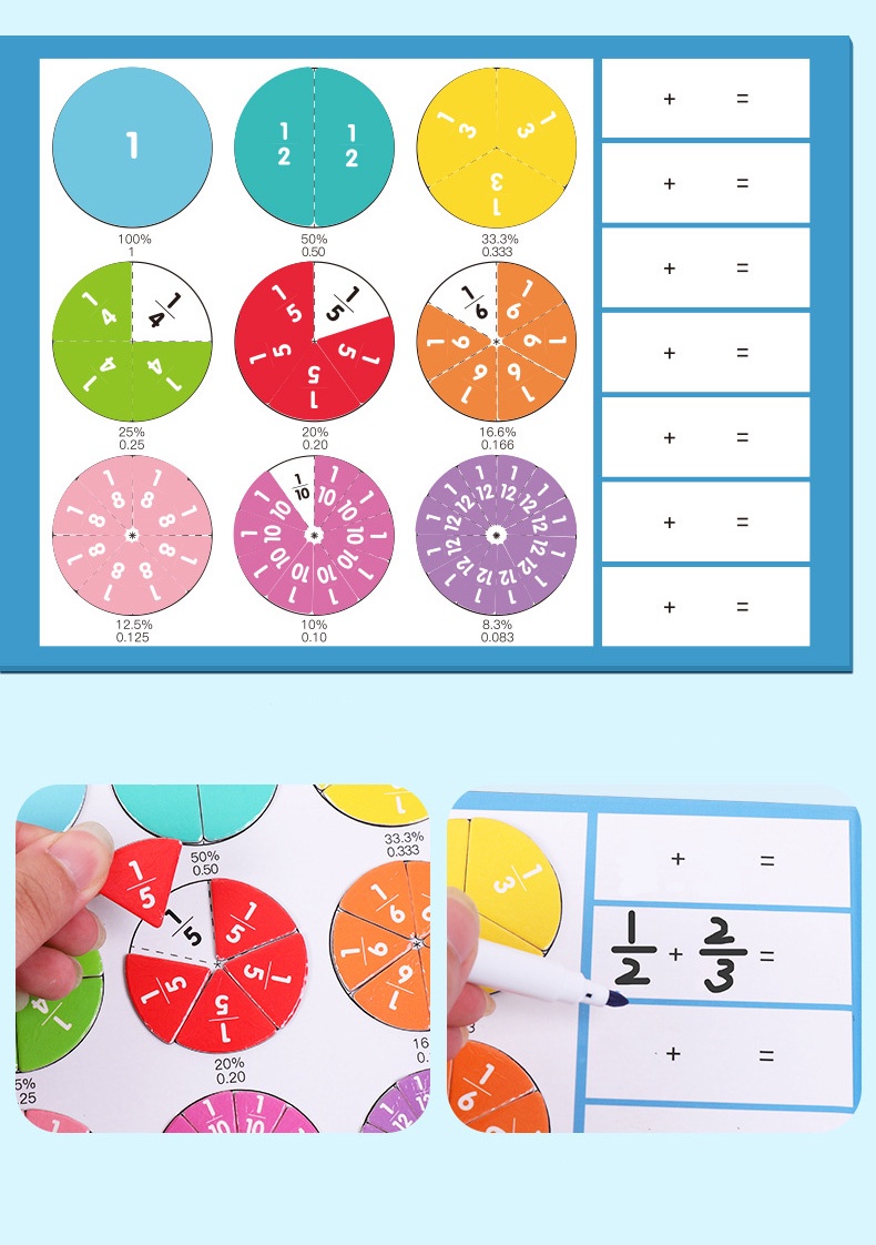 Children Magnetic Fraction Math Toys Wooden Fraction Book Set Teaching ...