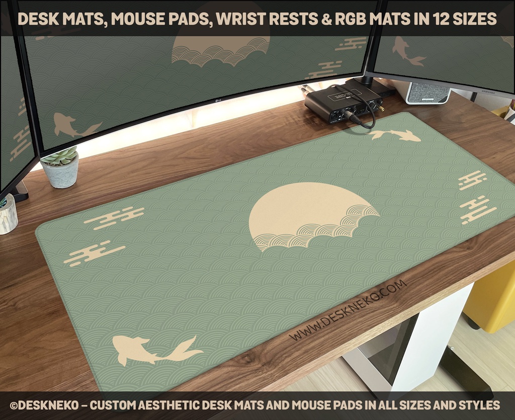 Japanese Desk Mat, Sage green Mousepad aesthetic, Clouds Koi fish sun ...