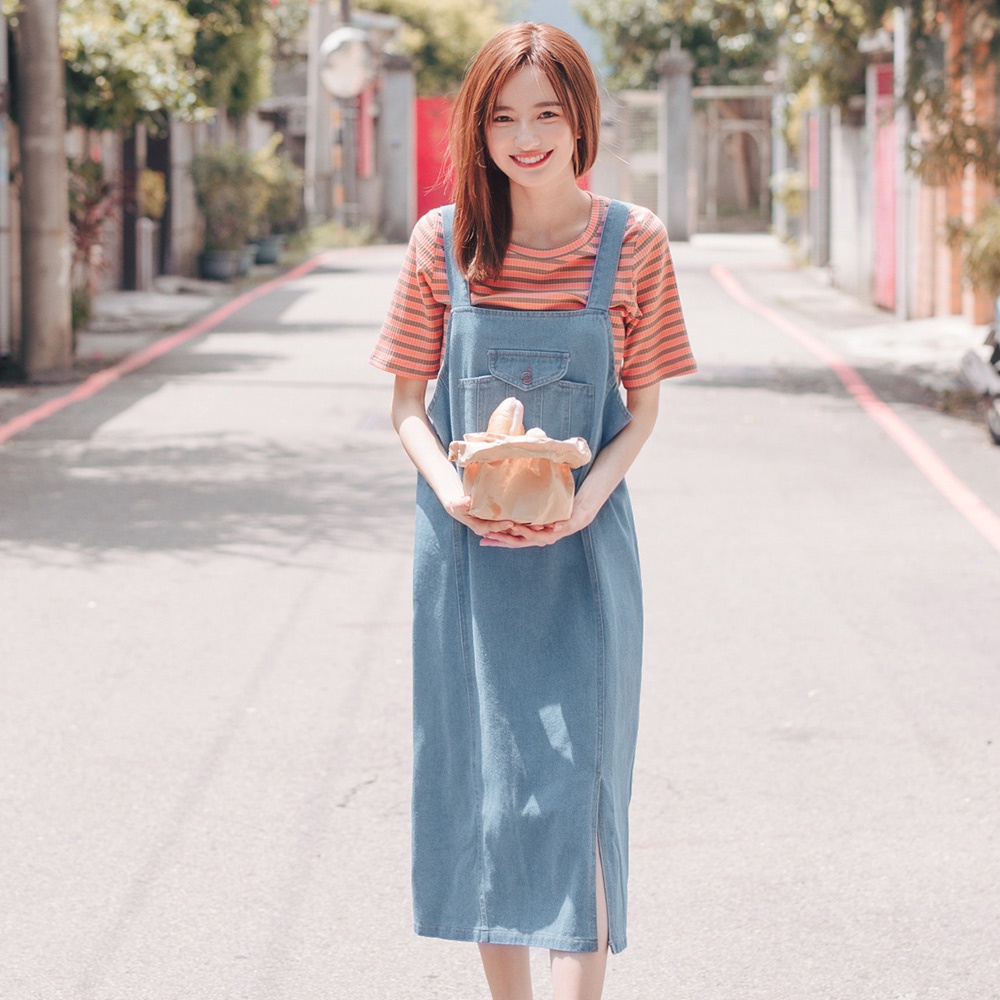 OB High-Cotton Wide Version Slit Sling Denim Dress Large Size// Women's ...