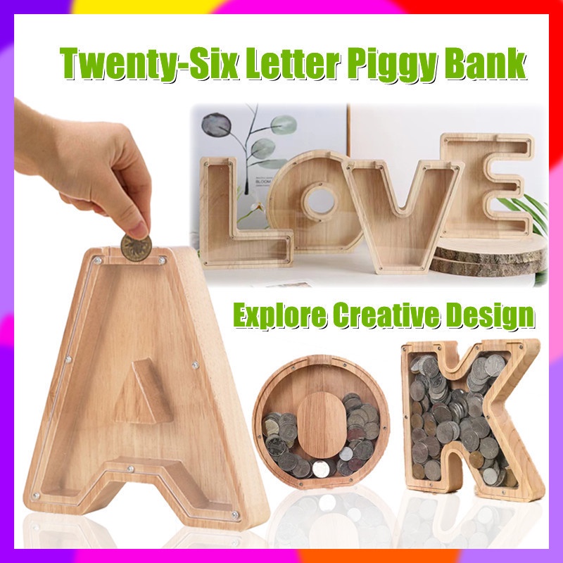 Twenty-Six Letter Piggy Bank Wooden Coin Bank Coins Storage Desktop ...