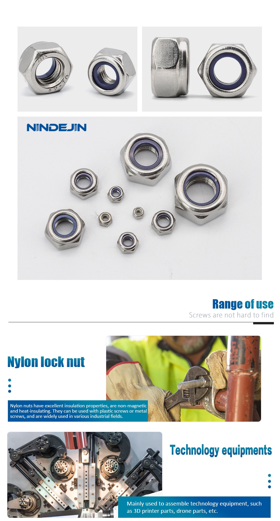 NINDEJIN Nylon Lock Nut Stainless Steel Hex Hexagon Locking Nut M2 M2.5 ...