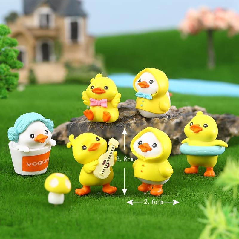 6Pcs Mini Yellow Duck Figurines with Raincoat Guitar Swim Ring ...
