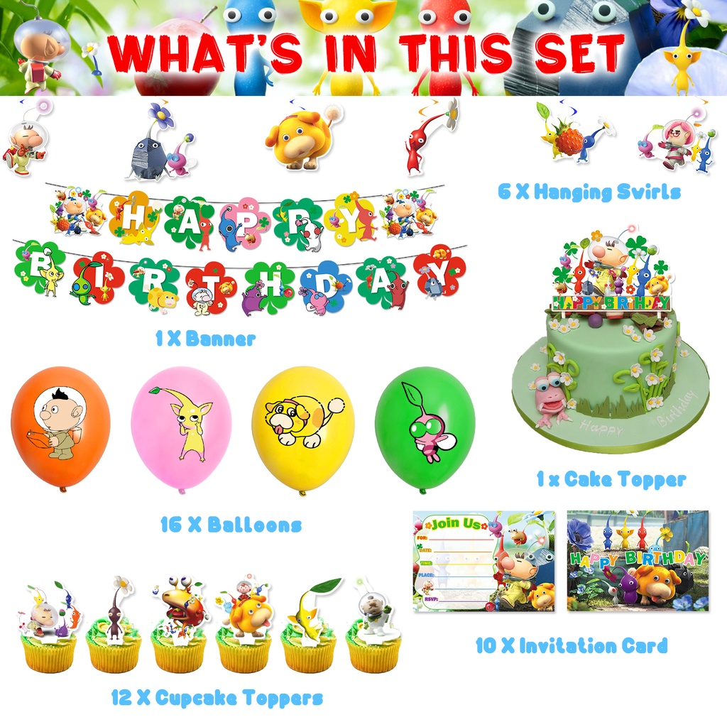 Pikmin-4 Birthday Party Set Colorful Balloons Paper Banner Cake Topper ...