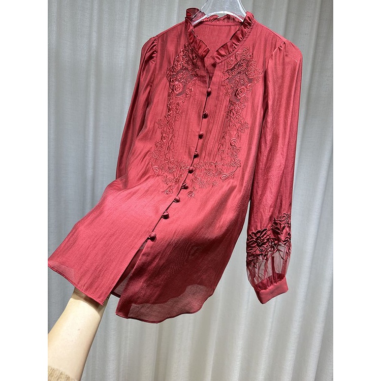 Women red embroidered lace blouse wooden ear edge standing collar shirt ...