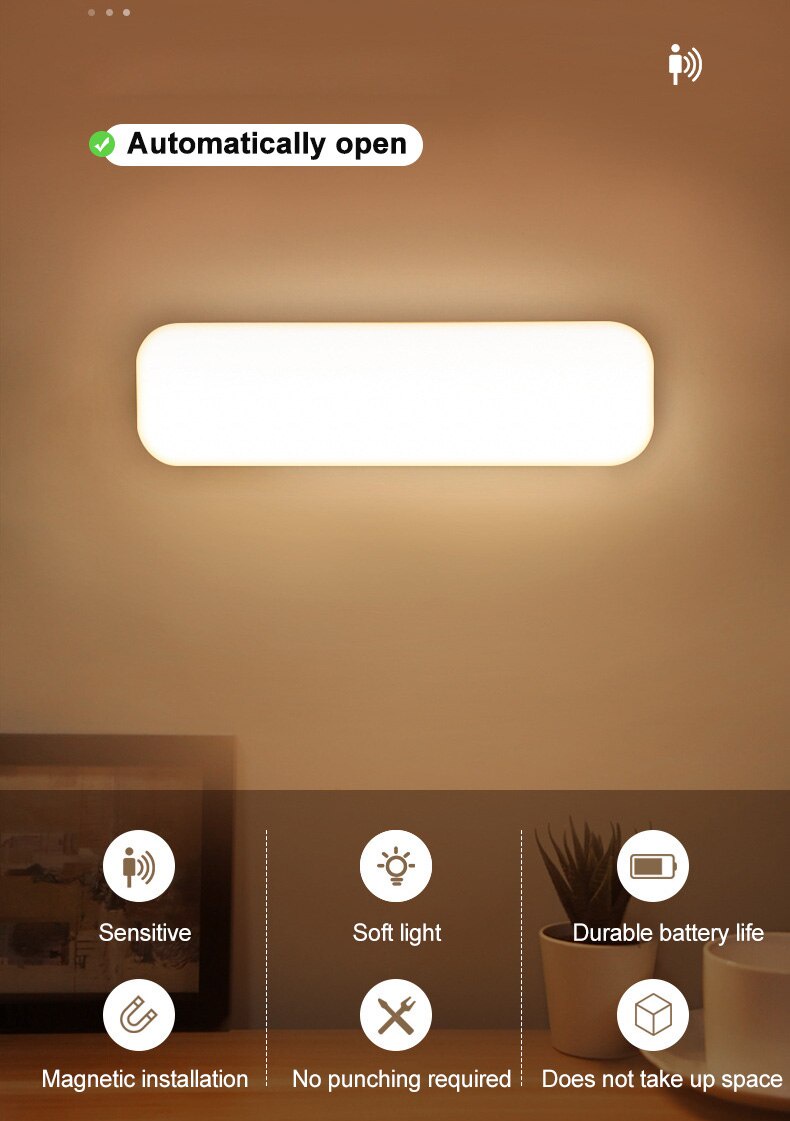 LED Smart Sensor Night Light Magnetic Adsorption USB Rechargeable ...