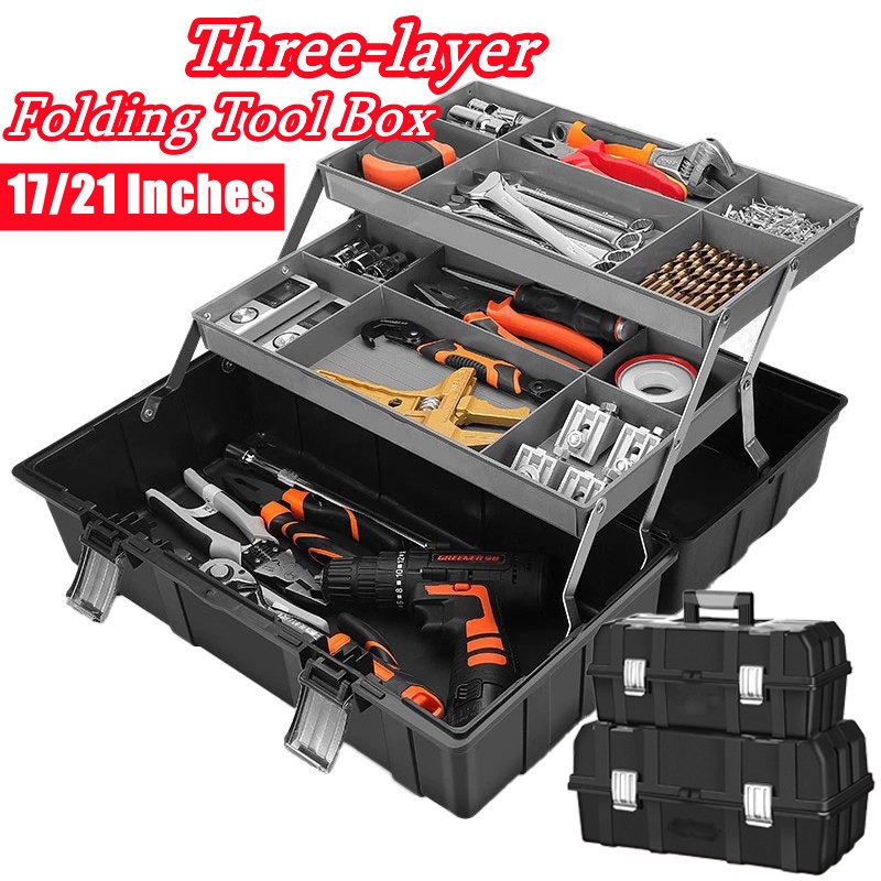 17/21 Inches Portable Tool Box Suitcase Toolbox Three-layer Folding Hardware Toolbox Organizer ...