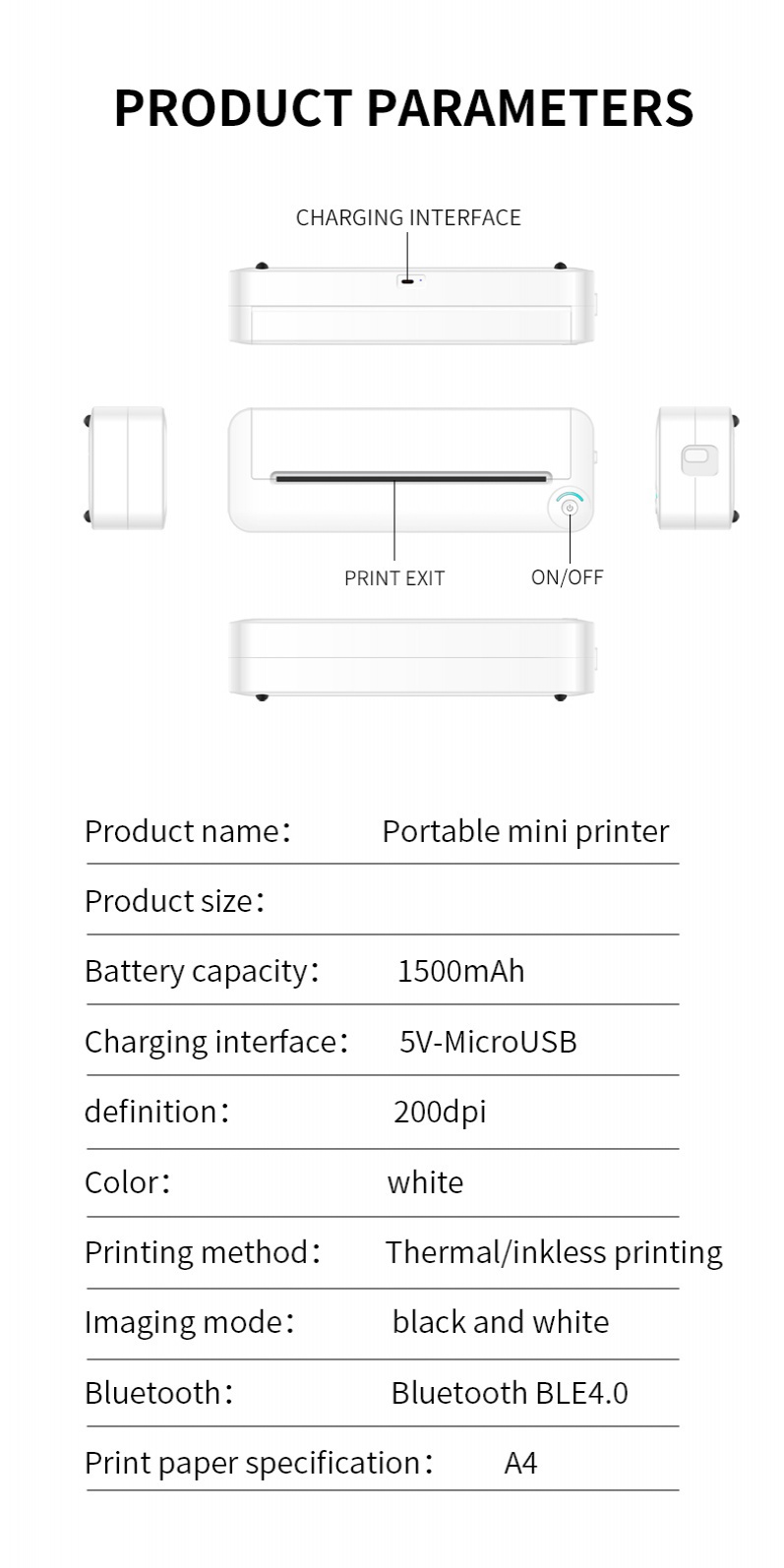 A4 paper size portable printer for pdf document printing thermal ...