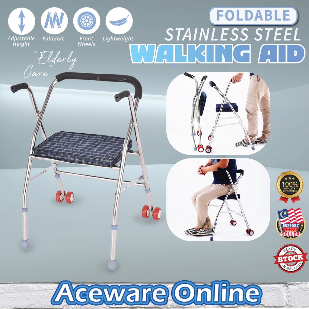Foldable Stainless Steel Walking Aid with Seat and Wheels Elderly ...