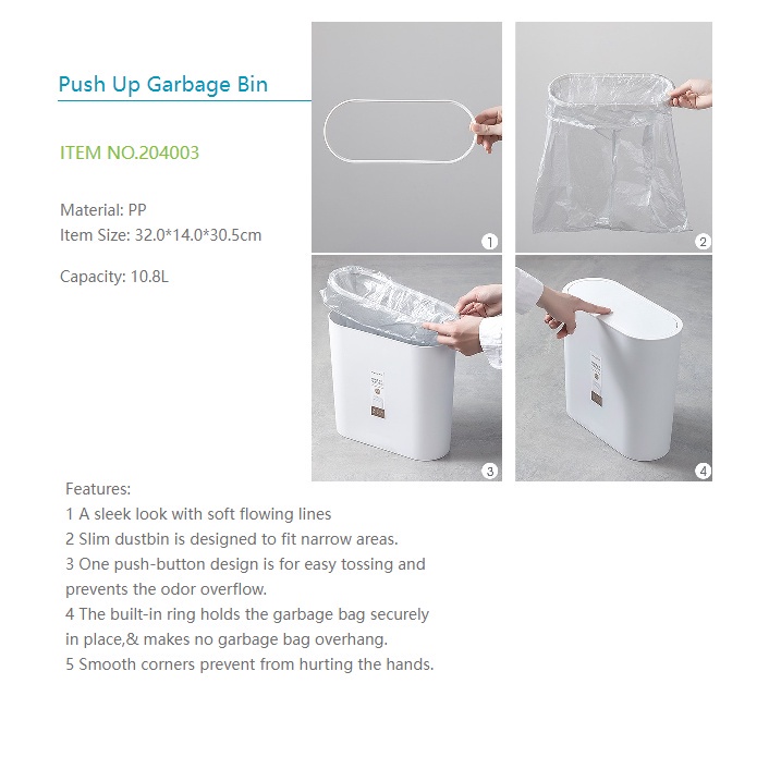 CHAHUA Tight-Sealed Slim Push Button Rubbish Bin – 9.1L Trash Bin with ...