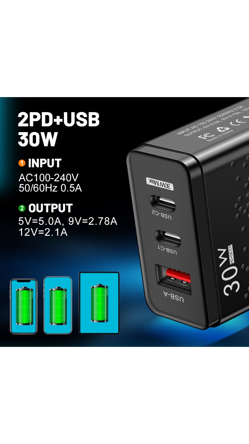 30W USB Type C Fast Charger QC 3.0 Dual PD Port Portable Adapter For 14 ...