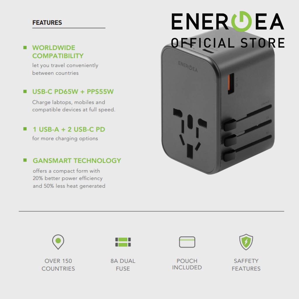 Energea Travelworld Adaptor GaN65 USB Charger 65W 1A2C type C Travel ...