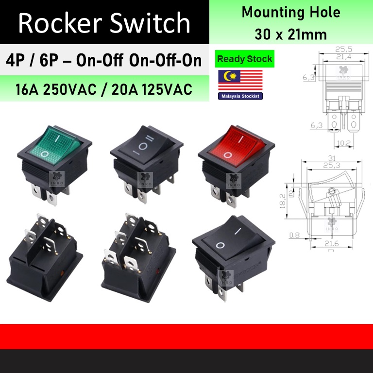 [16A AC DC] 4 Pin / 6 Pin DPST DPDT KCD4 Rocker Switch, Suis Rocker, AC ...
