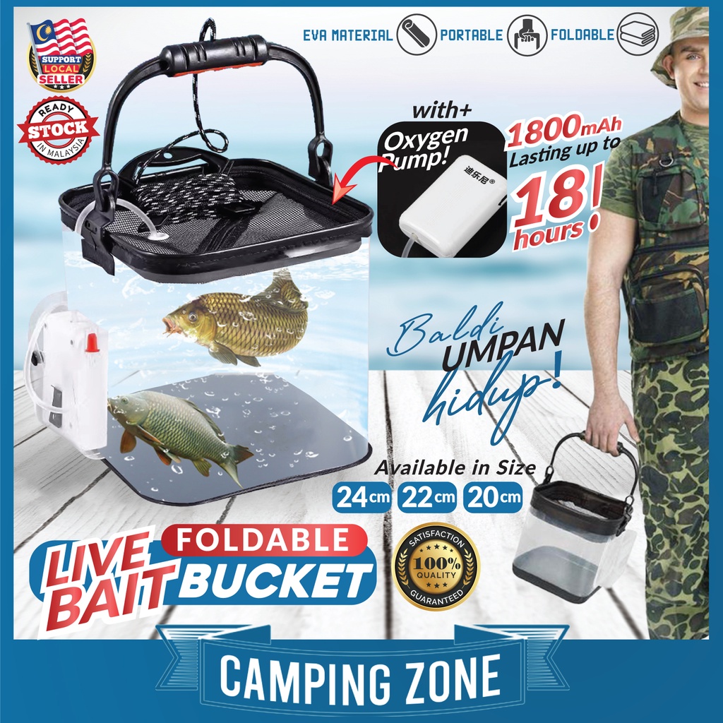 Foldable Live Bait Bucket with Oxygen Pump Barang Pancing Baldi Umpan ...