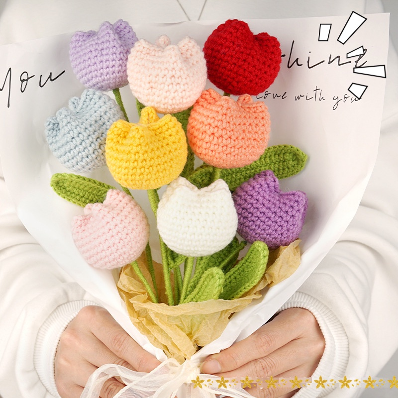 Hand-Woven Tulip Bouquet Crochet Tulip Flower Wool DIY Artificial ...