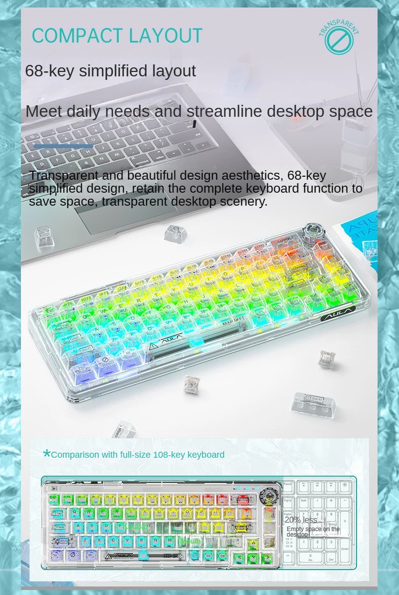 AULA F68 Fully Transparent Crystal Mechanical Keyboard Customized Hot ...