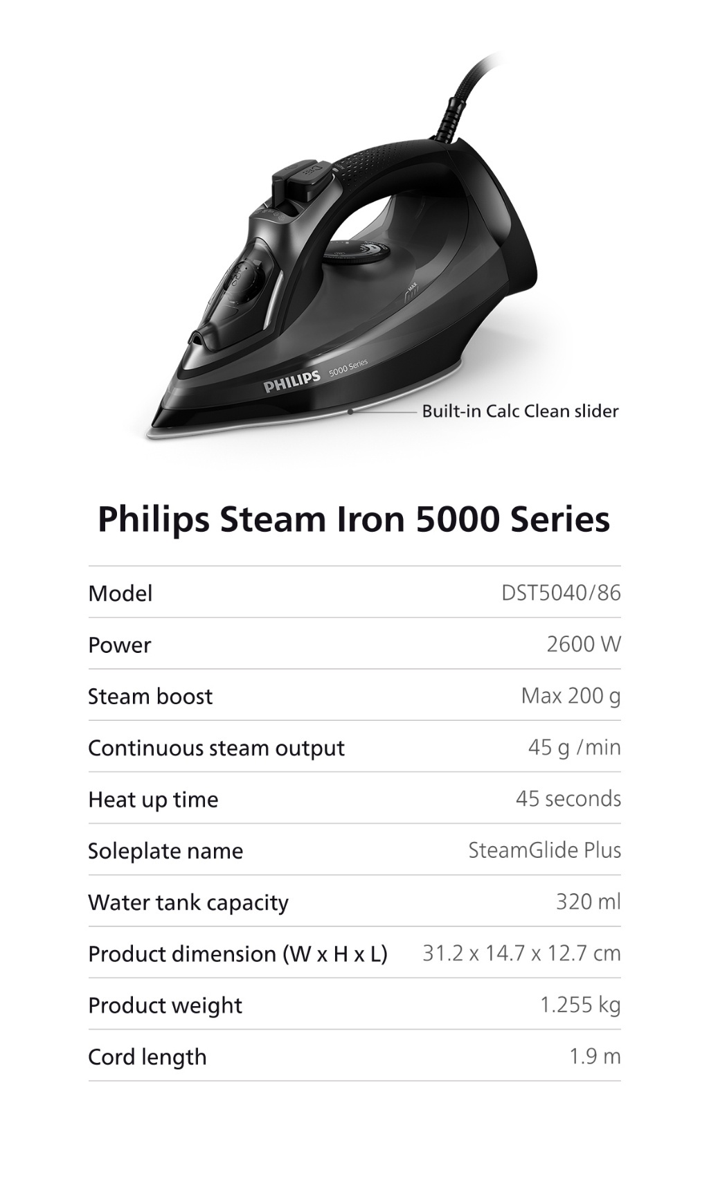 PHILIPS 5000 Series Steam Iron - DST5040/86 - SteamGlide Plus soleplate ...
