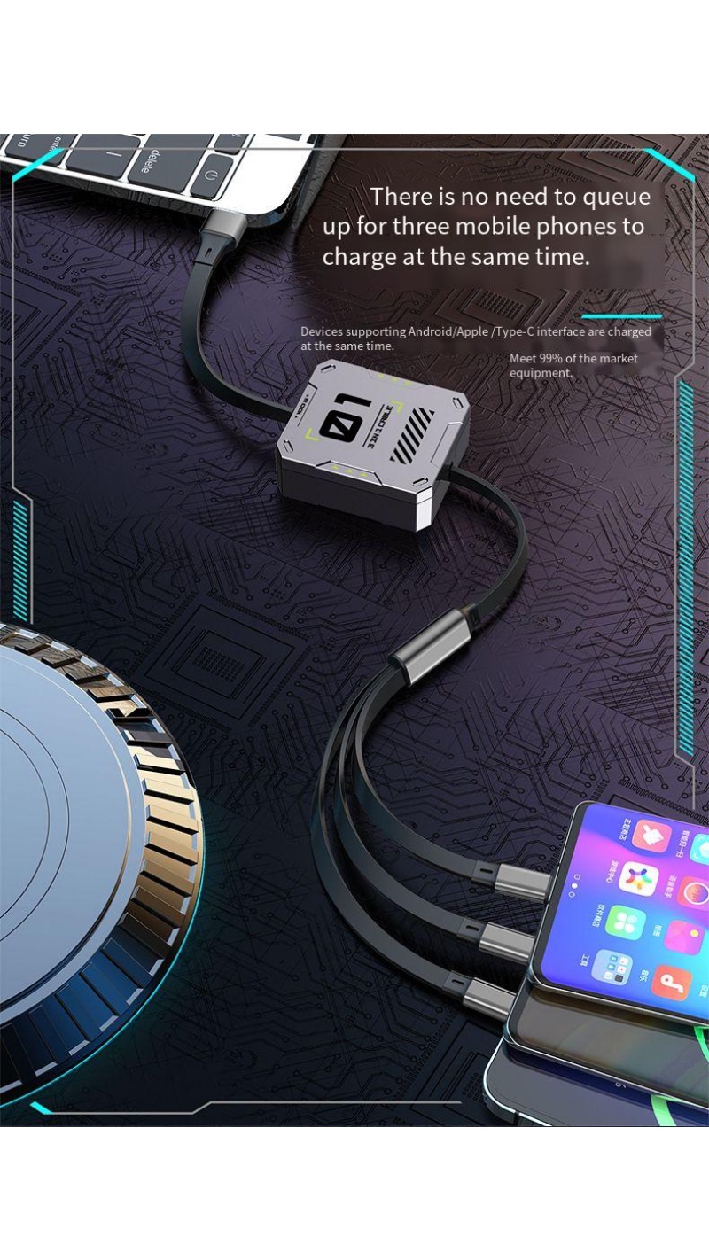6A Super Fast Charging Cable 3 in 1 Retractable Data Cable Micro USB ...