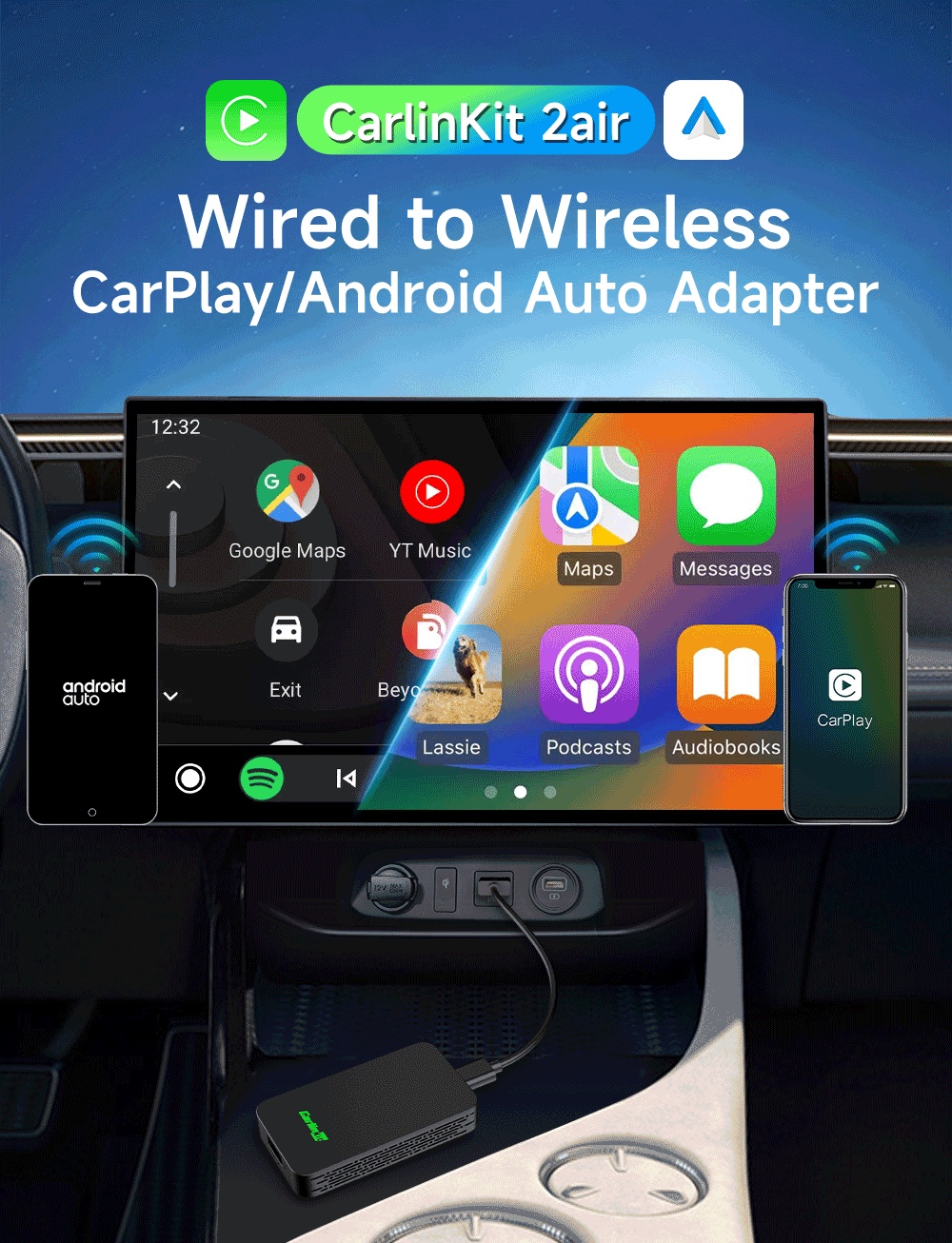 CarlinKit 5.0 2Air Wireless Android Auto Box Portable CarPlay Wireless ...