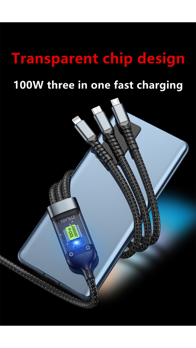 100W 3 in 1 Super Charging Cable 6A Micro USB Type C Fast Charge Type C ...