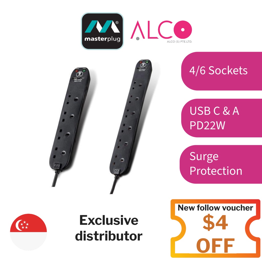 Masterplug SRGUAC Surge extension socket fast charge USB A & C 4 ...