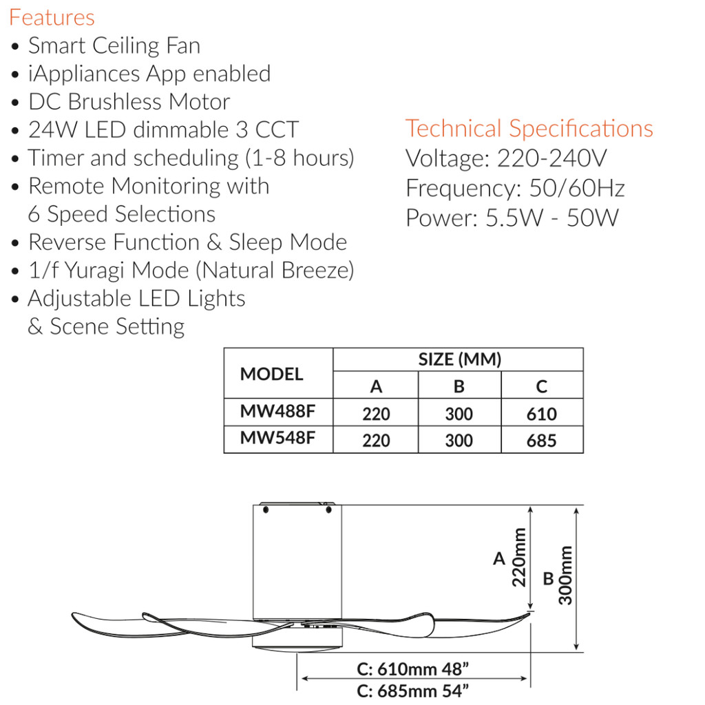 Mowe Helios MW488F / MW548F 48" / 54" DC Smart Ceiling Fan with 24W 3 ...