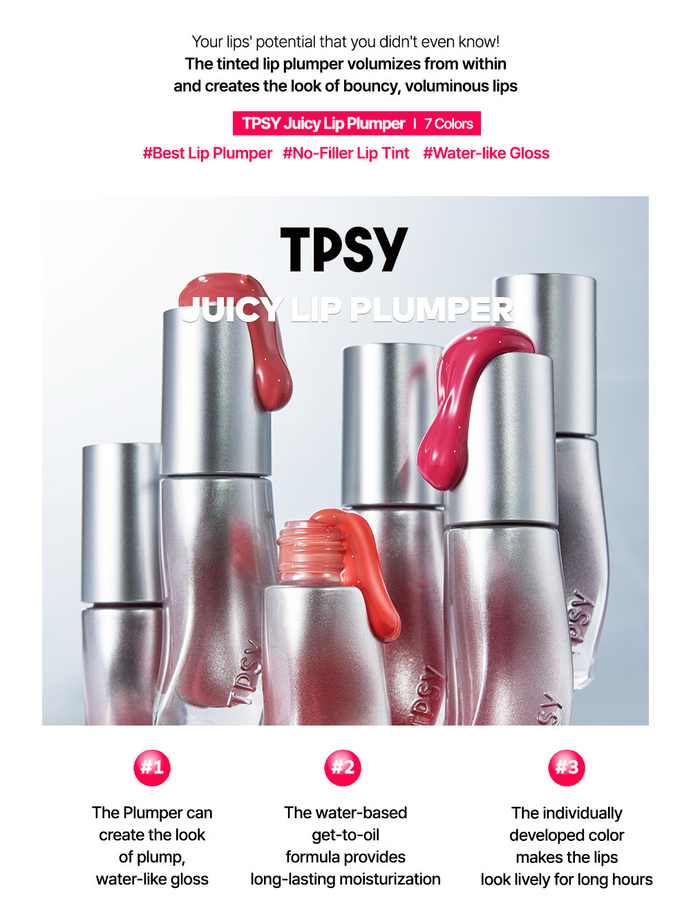 TPSY Juicy Lip Tint Plumper (10 Shades) - Water-like Gloss, Easy ...