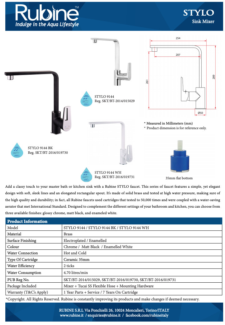 Rubine Stylo 9144 Kitchen Mixer Sink Tap [Matt Black/White/Chrome ...