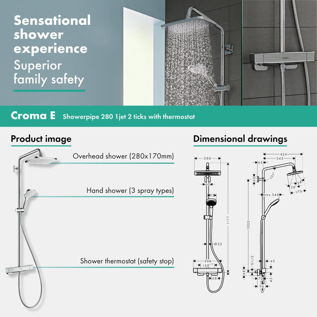 hansgrohe Croma E - shower system with thermostat, square overhead ...