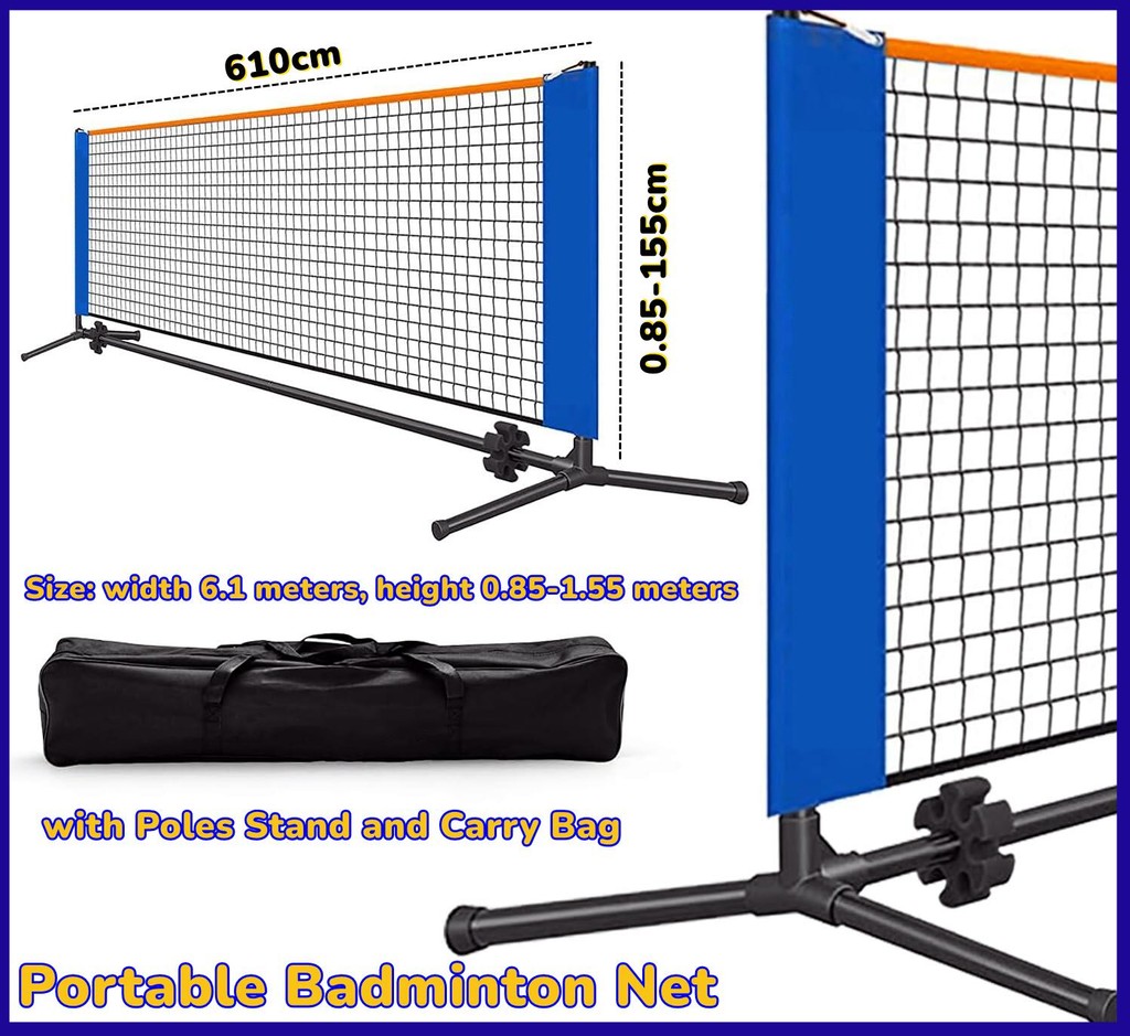 6.1M Adjustable Height Portable Badminton Net Set with Poles Stand and ...