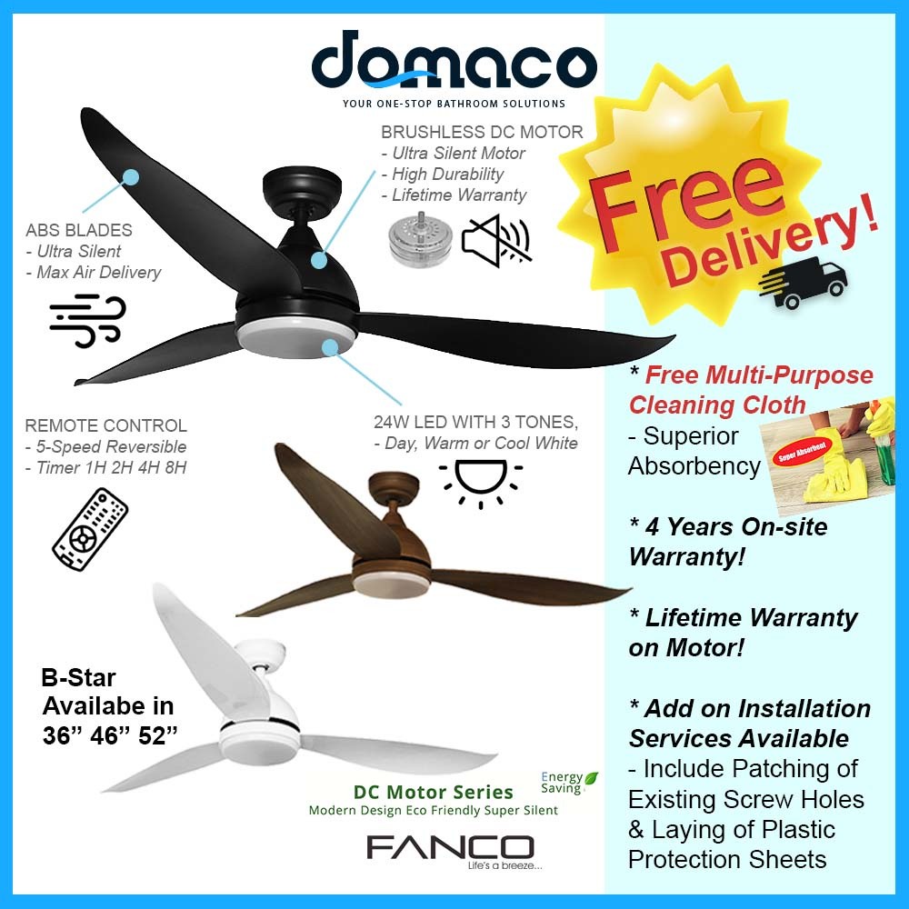 Fanco B-Star DC Ceiling Fan with 24W 3 Tone LED Light Kit and Remote ...