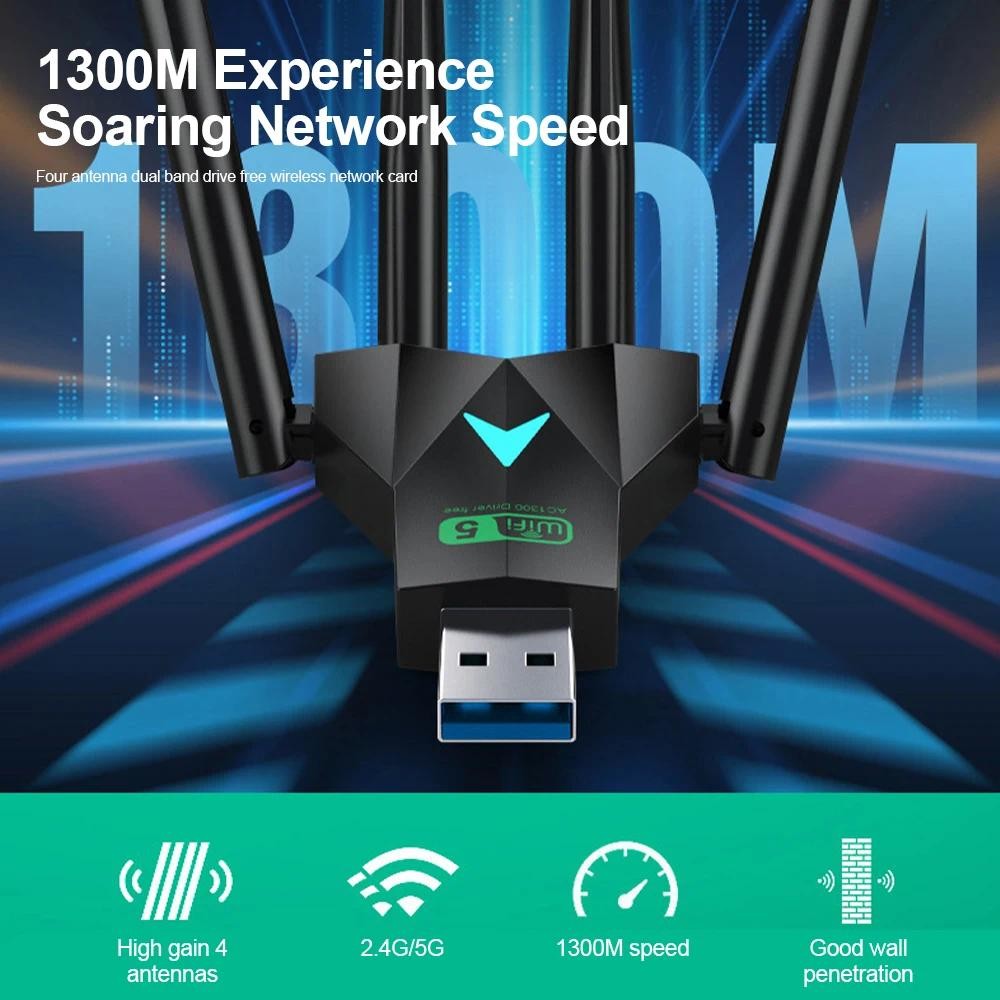 USB WiFi Adapter 1300Mbps Dual Band 2.4G 5 GHz Wireless Network Card ...