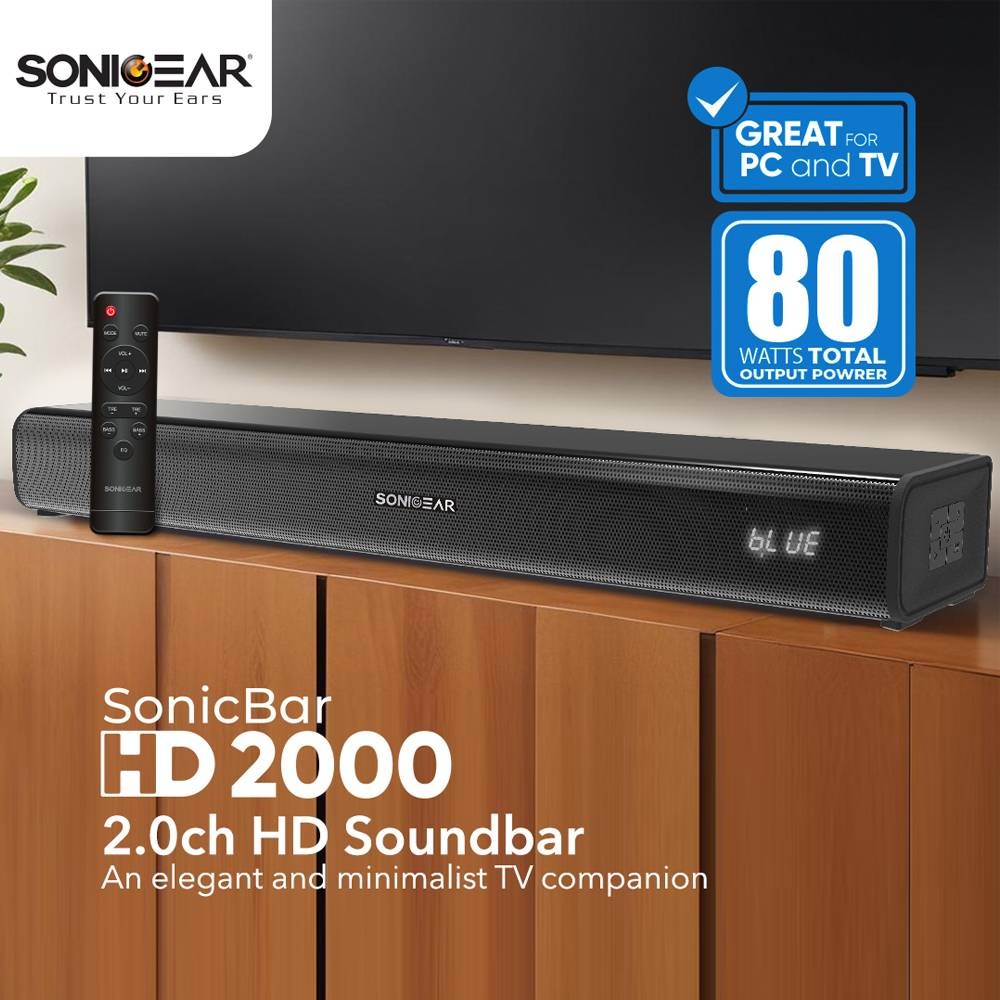 SonicGear SonicBar HD2000 DSP 80w Bluetooth 5.3 Compact TV Desktop ...