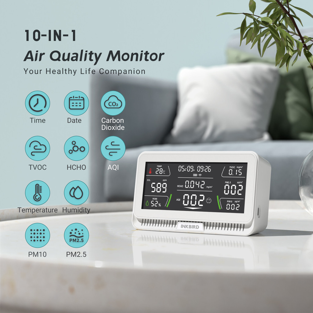 INKBIRD IAQM-129-W Air Quality Meter WiFi 10-in-1 CO2 Temperature Humidity AQI Monitor PM2.5 ...