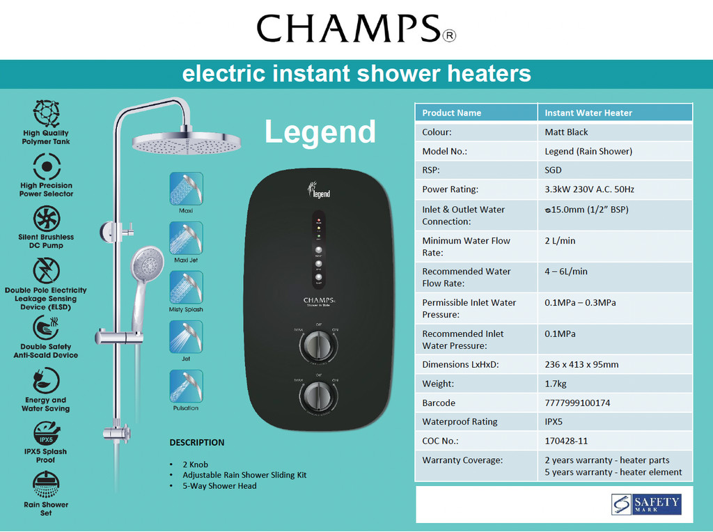 Champs Legend or Sylphy Rain Shower or Rubine 3388 Instant Heater With ...