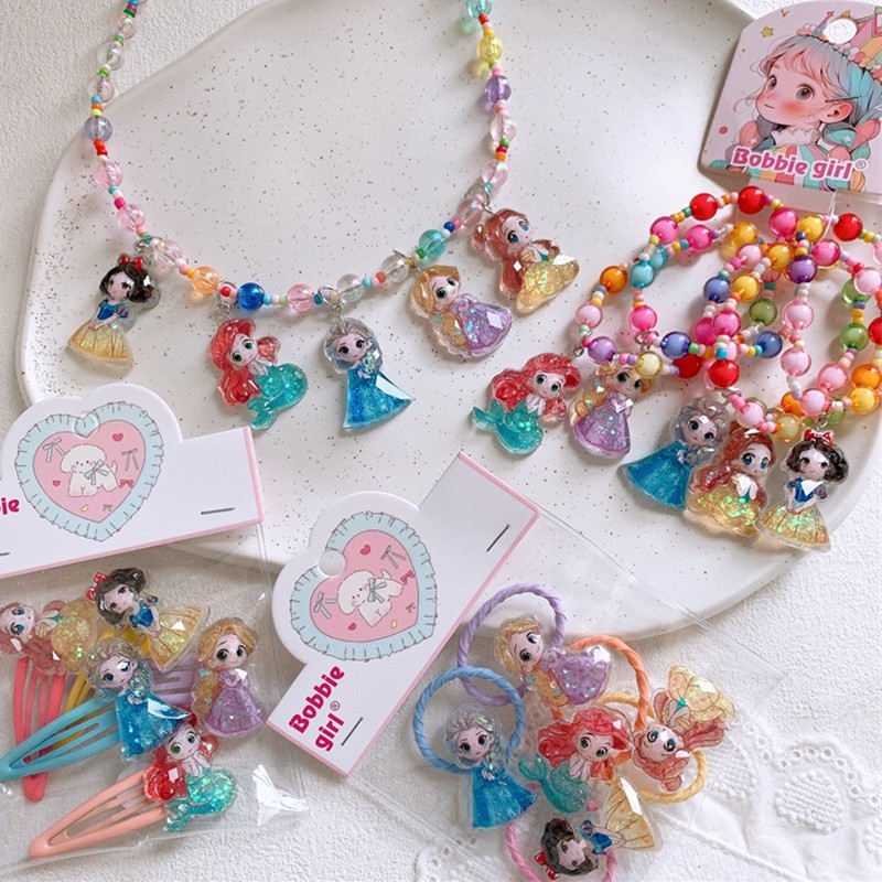 Color Beaded Cartoon Princess Necklace Bracelet Girl Sweet Cute ...